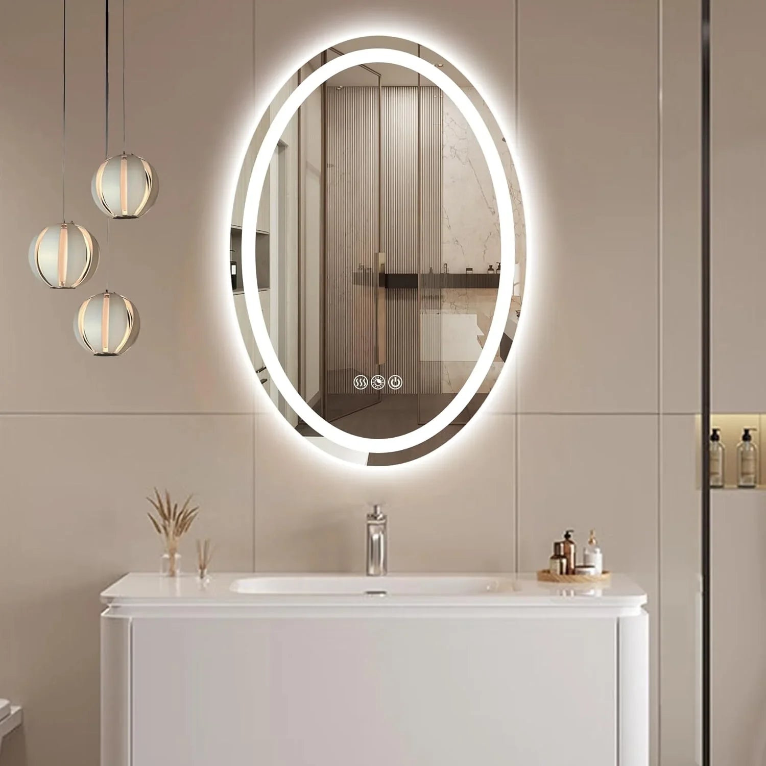 Oval LED Bathroom Mirror w/ Lights, Anti-Fog, Dimmable, 3-Color