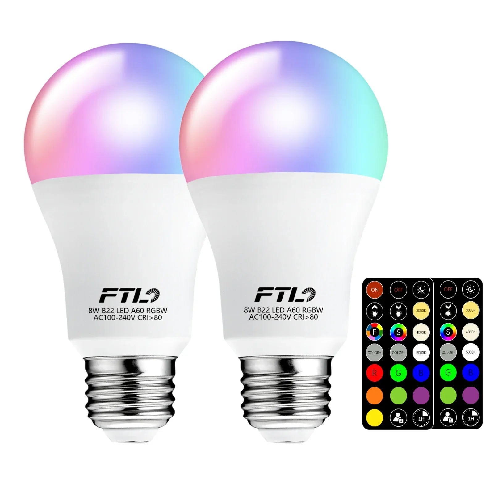 E26 LED Color Changing Bulb 8W RGB 2700K-6000K Dimmable Remote Control